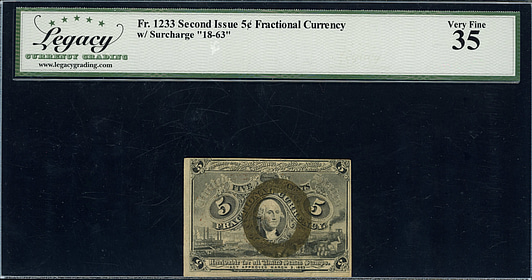 Fr. 1233 Second Issue 5 Cents Fractional Currency Note With Surcharge ...