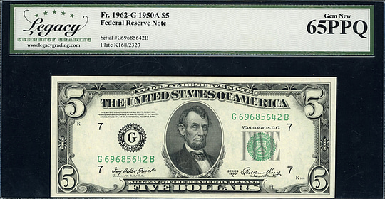 Fr. 1962-G (GB Block) 1950A $5 Chicago Federal Reserve Note Priest ...
