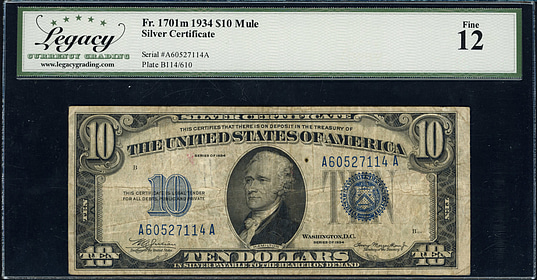 Fr. 1701m (AA Block) 1934 $10 Silver Certificate Mule Note Julian ...