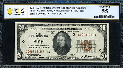 Fr. 1870-G (GA Block) 1929 $20 Chicago Federal Reserve Bank Note Jones ...