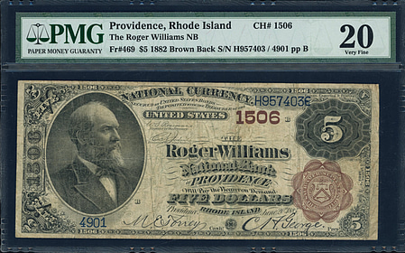 Fr. 469 Providence, Rhode Island 1882 $5 Brown Back Note The Roger ...
