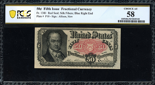 Fr. 1381 Fifth Issue 50 Cents Fractional Currency Note Allison / New ...