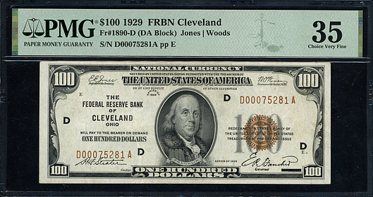 Fr. 1890-D 1929 $100 Cleveland Federal Reserve Bank Note Jones / Woods ...