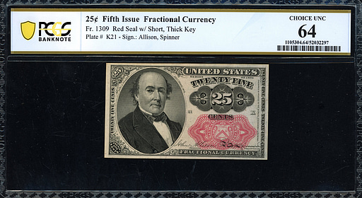 Fr. 1309 Fifth Issue 25 Cents Fractional Currency Note Allison ...