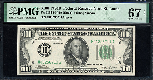 Fr. 2154-H (HA Block) 1934B $100 St. Louis Federal Reserve Note Julian ...