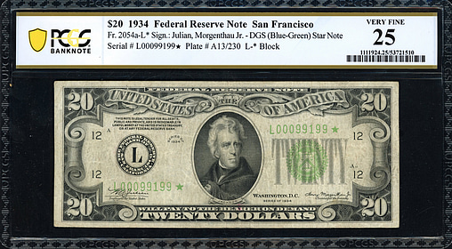 Fr. 2054-Ldgs* Dark Green (L* Block) 1934 $20 San Francisco Federal ...