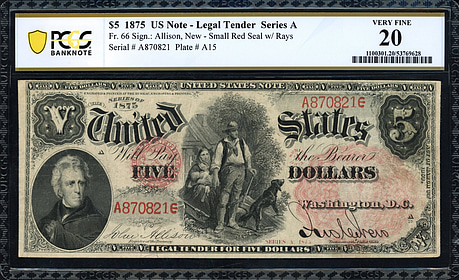 Fr. 66 1875 $5 Legal Tender Series A Note Allison / New PCGS Banknote ...