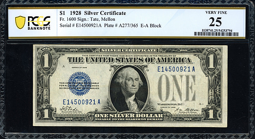 Fr. 1600 (EA Block) 1928 $1 Silver Certificate Note Tate / Mellon PCGS ...