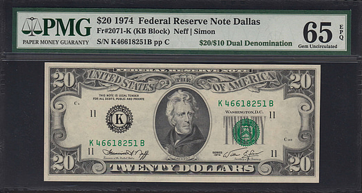 Fr. 2071-K (KB Block) 1974 $20 Dallas Federal Reserve Error Note $20 ...