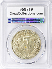 Germany 1925-D Silver 5 Marks 1,000 Years of the Rhineland KM-47 PCGS ...
